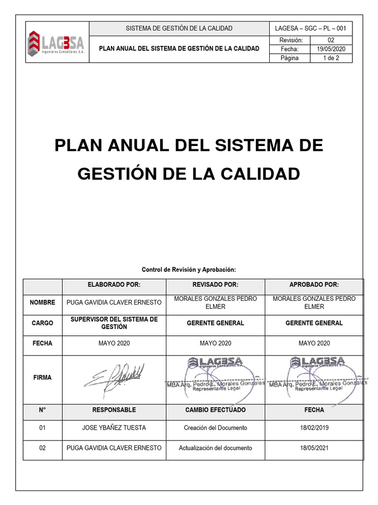 Lagesa - SGC - PL - 001 Plan Anual Del SGC | PDF | Sistema de manejo de ...