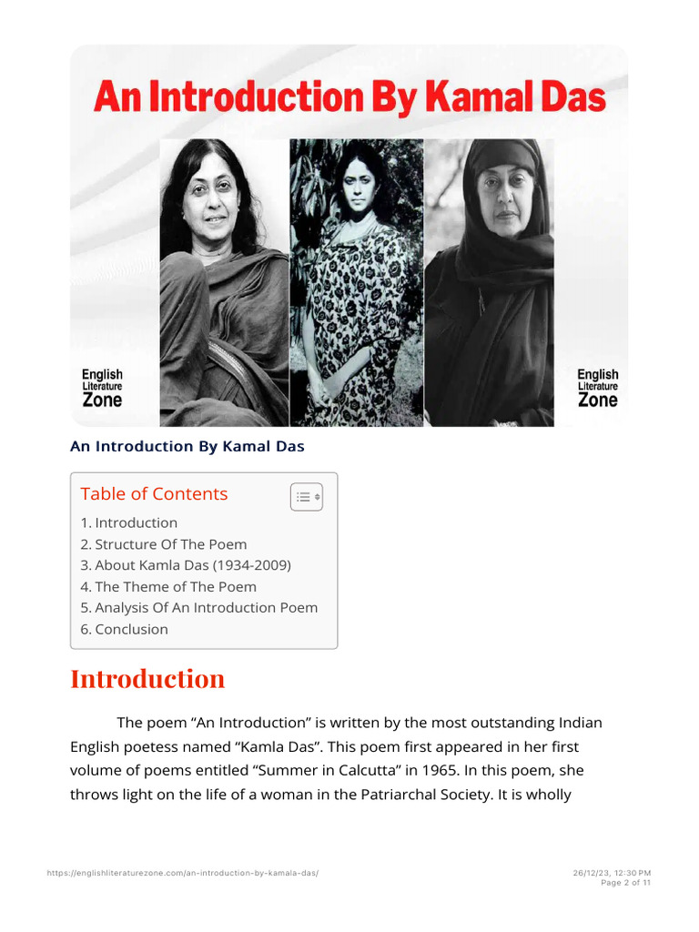 Kamala Das's "An Introduction" Analysis | PDF | Poetry