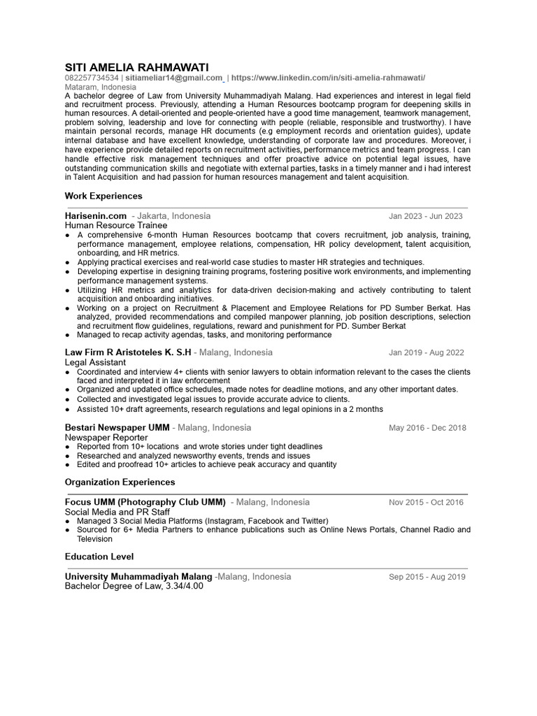 CV AMELIA HR TA - Siti Amelia Rahmawati-1 | PDF | Human Resources | Recruitment
