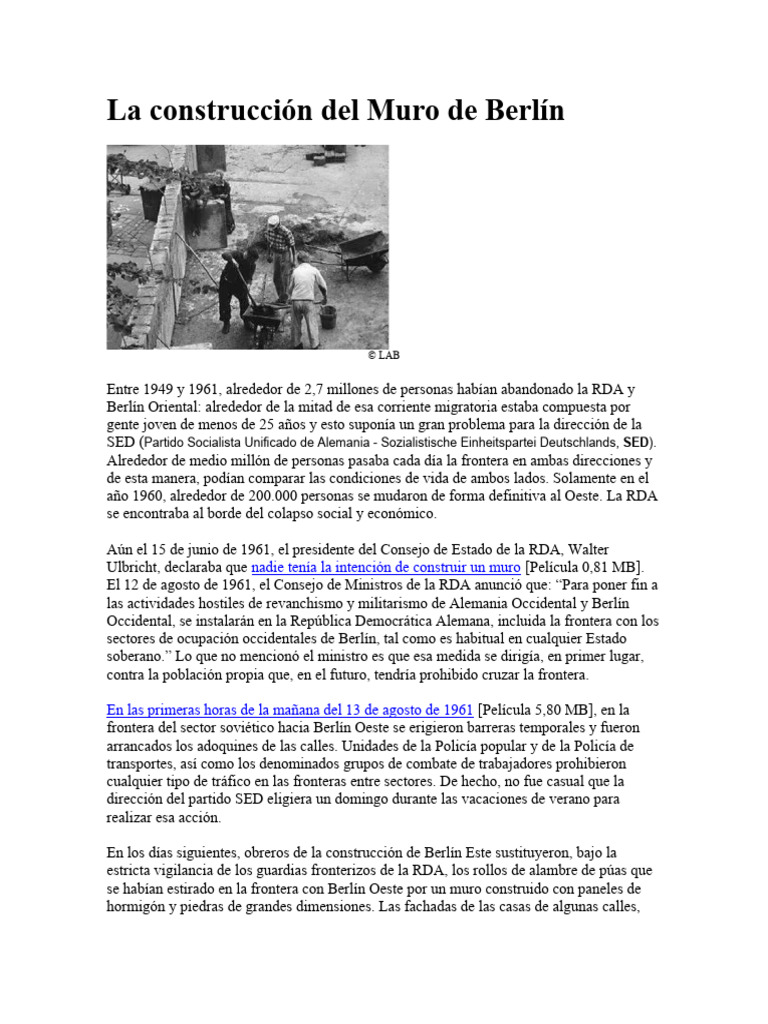 La construcción del Muro de Berlín | PDF | muro de Berlín | Alemania ...