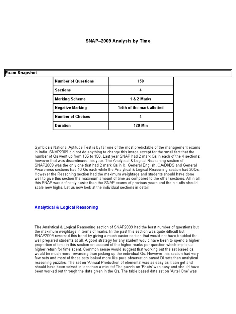 SNAP-2009 Analysis by Time | PDF | Test (Assessment) | Reading ...