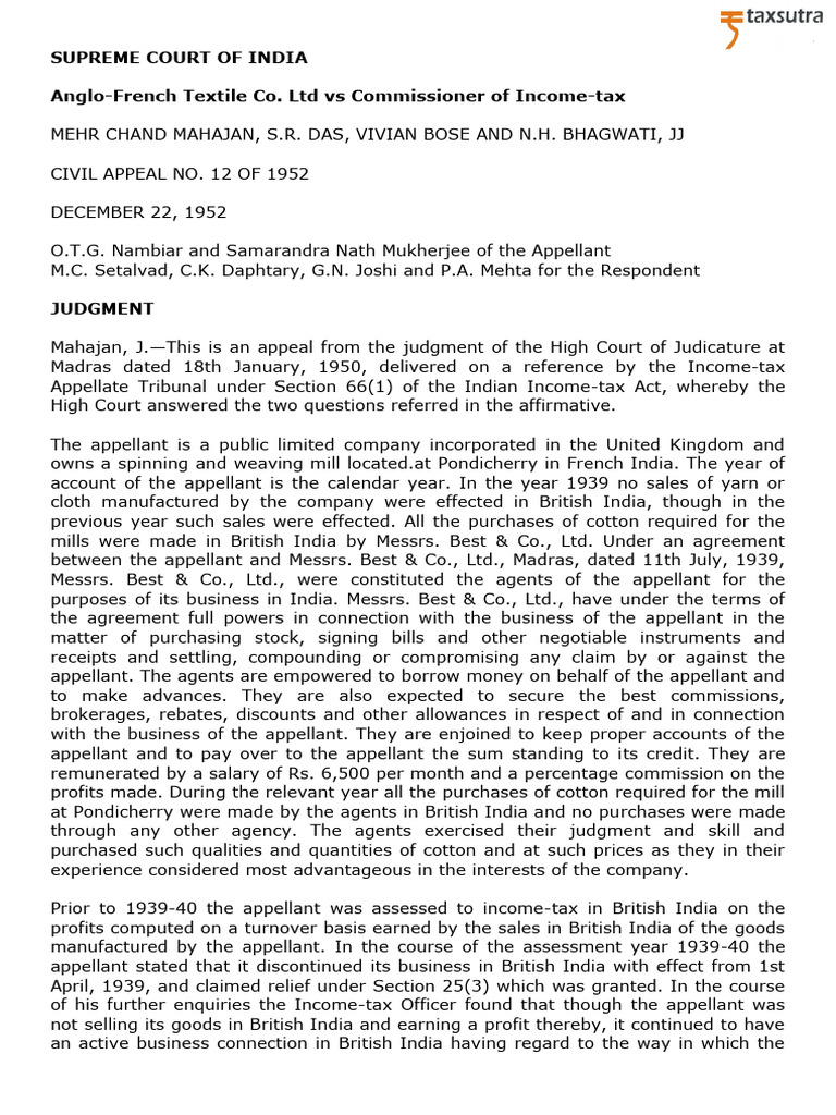 TS-2-SC-1952-Anglo French Textile v. CIT | PDF | Income Tax | Appeal