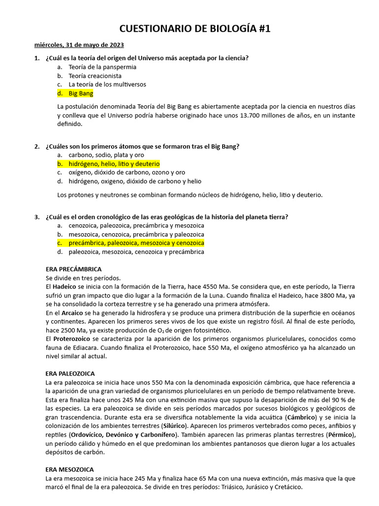 CUESTIONARIO DE BIOLOGÍA #1 | PDF | Biomoléculas | Biología Celular)