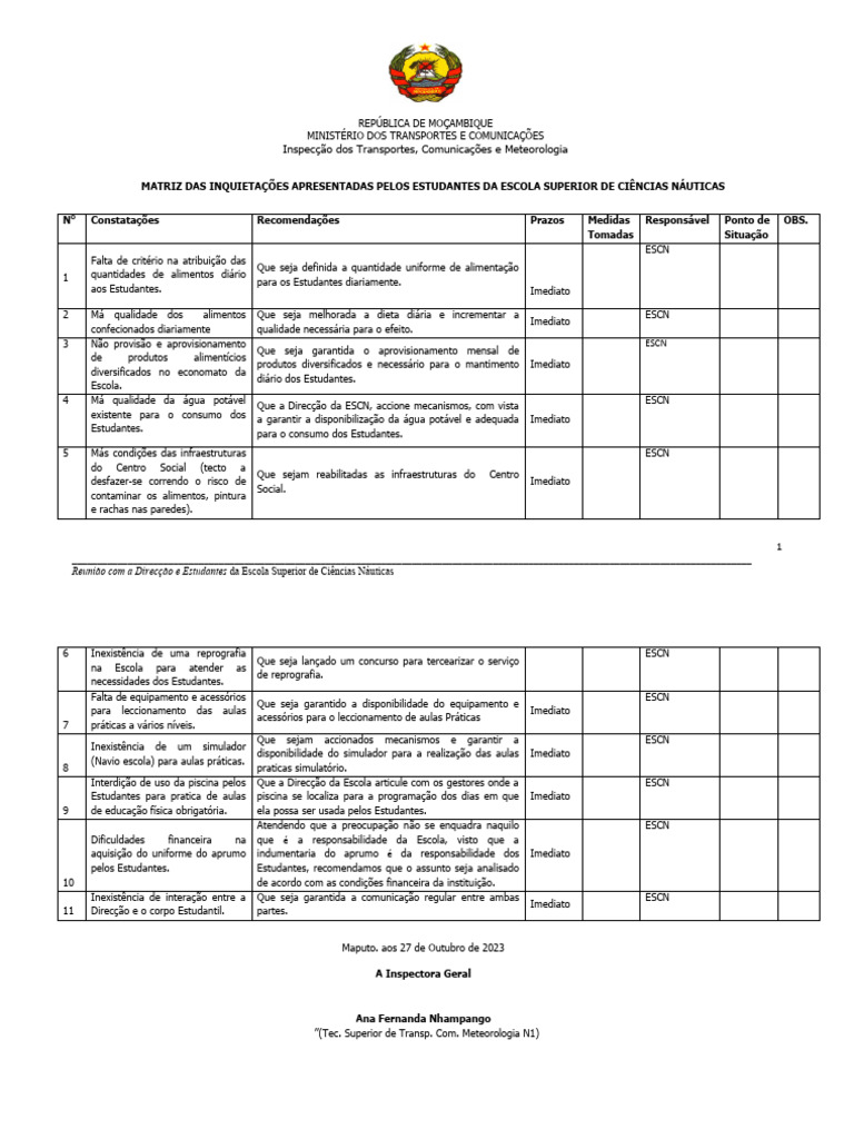 Matriz Das Inquietacoes e Recomendacoes Da ESCN 2023 - IG-MTC | PDF ...