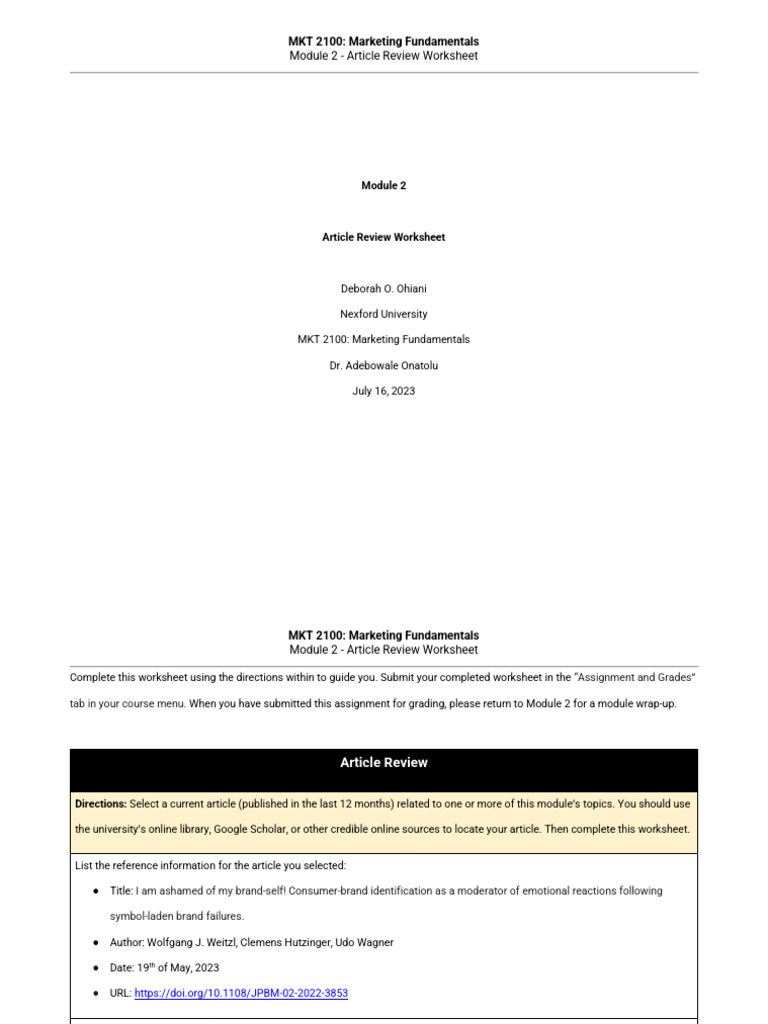 Deborah Ohiani - MKT 2100 (Module 2 Worksheet) | PDF | Self Esteem | Brand