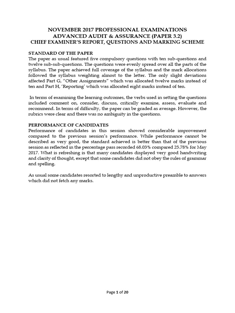 ADVANCED AUDIT ASSURANCE PAPER 3.2 Nov 2017 | PDF | Audit | Going Concern