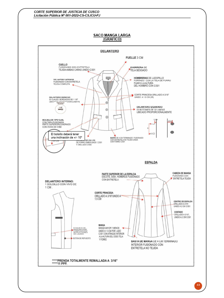 Especificacion Saco Dama | PDF