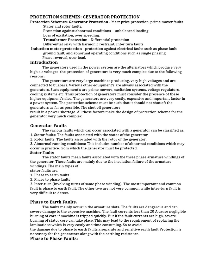 Generator Protection Schemes Explained | PDF | Electric Motor | Transformer