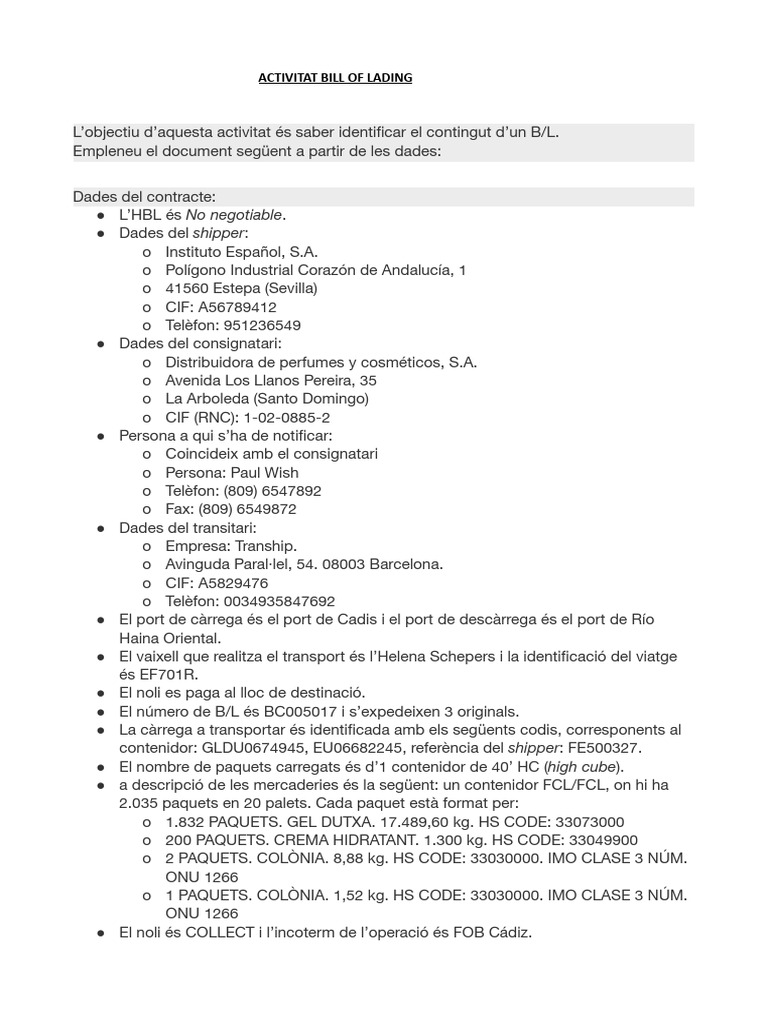 ACTIVITAT BILL OF LADING | PDF