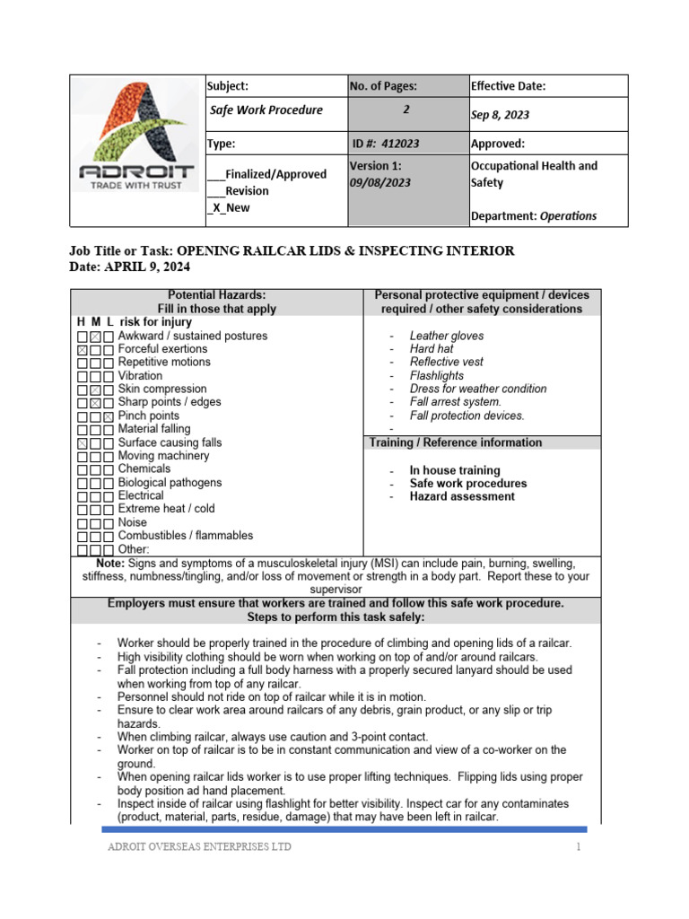 SWP - Opening Railcar Lids and Inspecting Interior | PDF | Safety ...