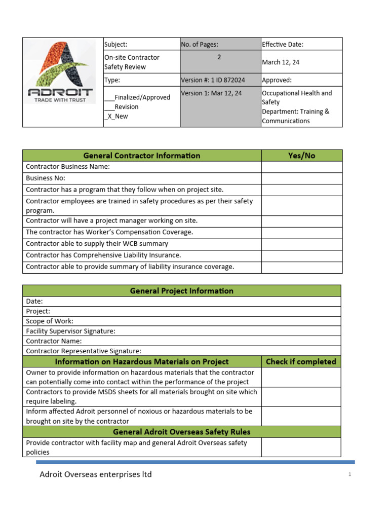 On-site Contractor Safety Review 872024 | PDF | Employment | Emergency