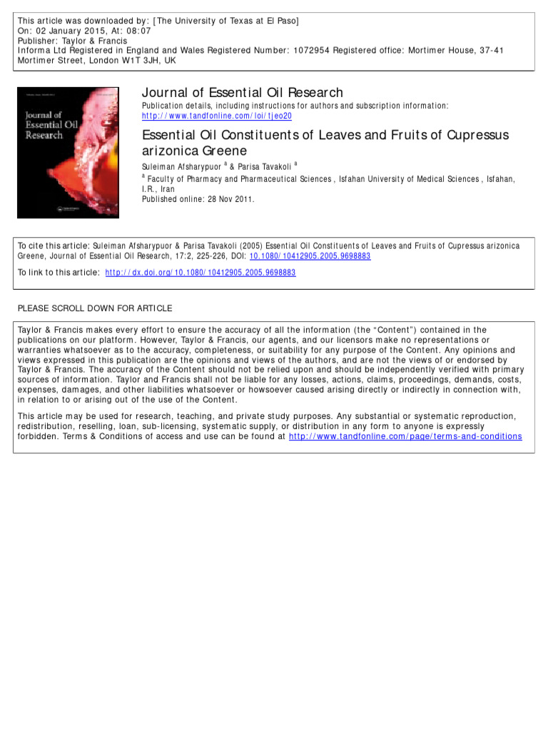 Journal of Essential Oil Research | PDF | Gas Chromatography | Mass ...