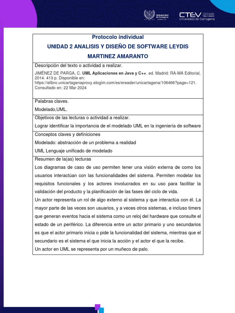Protocolo Individual Unidad 2 Analisis y Diseño | Descargar gratis PDF | Lenguaje de modelado ...