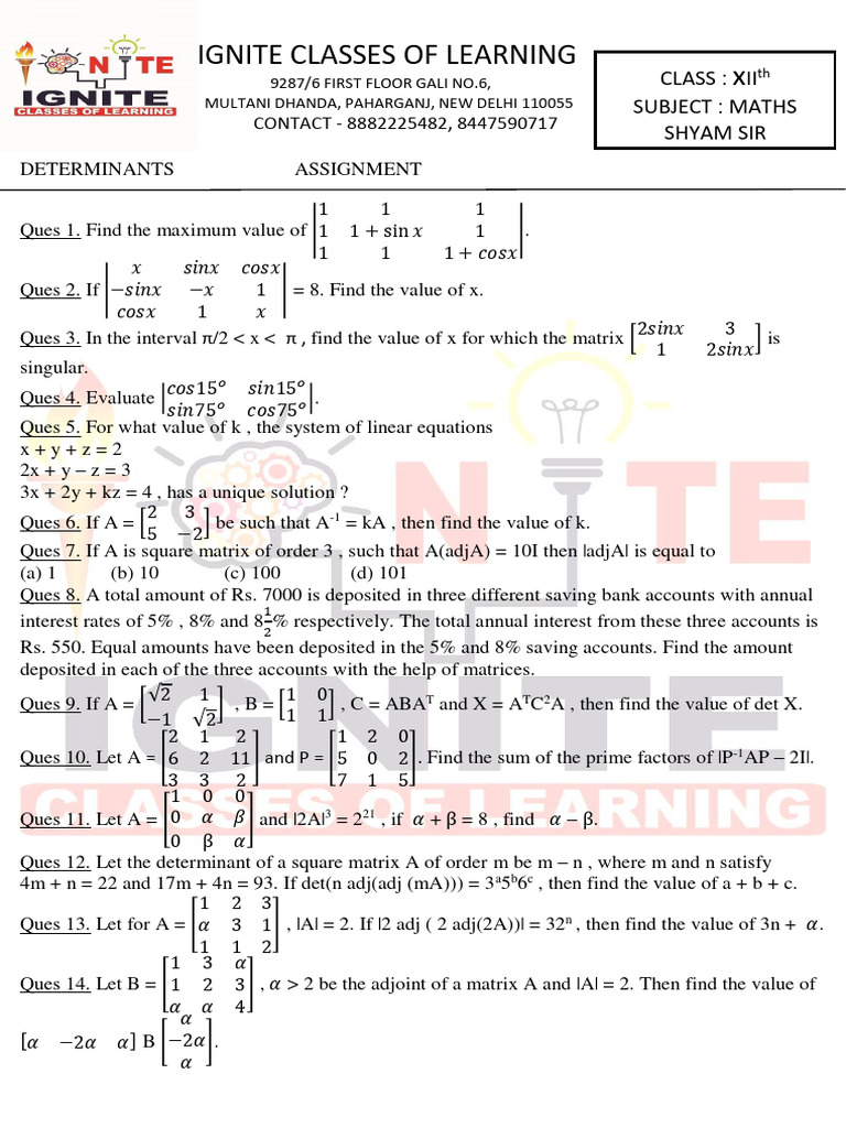 Determinants Assignment | PDF | Linear Algebra | Matrix Theory