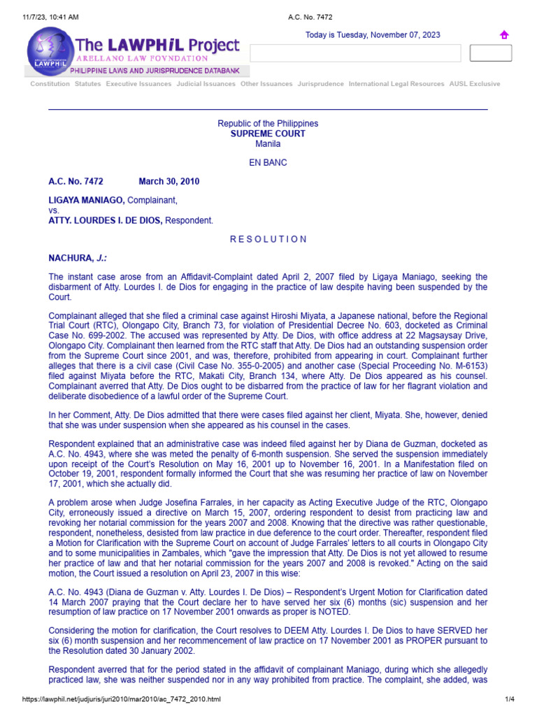 A.C. No. 7472 - LIFITING OF SUSPENSION | PDF | Practice Of Law | Lawyer