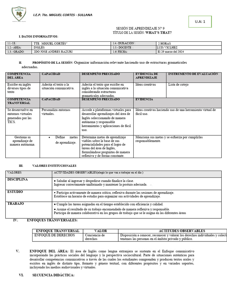Sesión de Aprendizaje N 09-2do-Primera Unidad-2024 | PDF | Evaluación | Aprendizaje