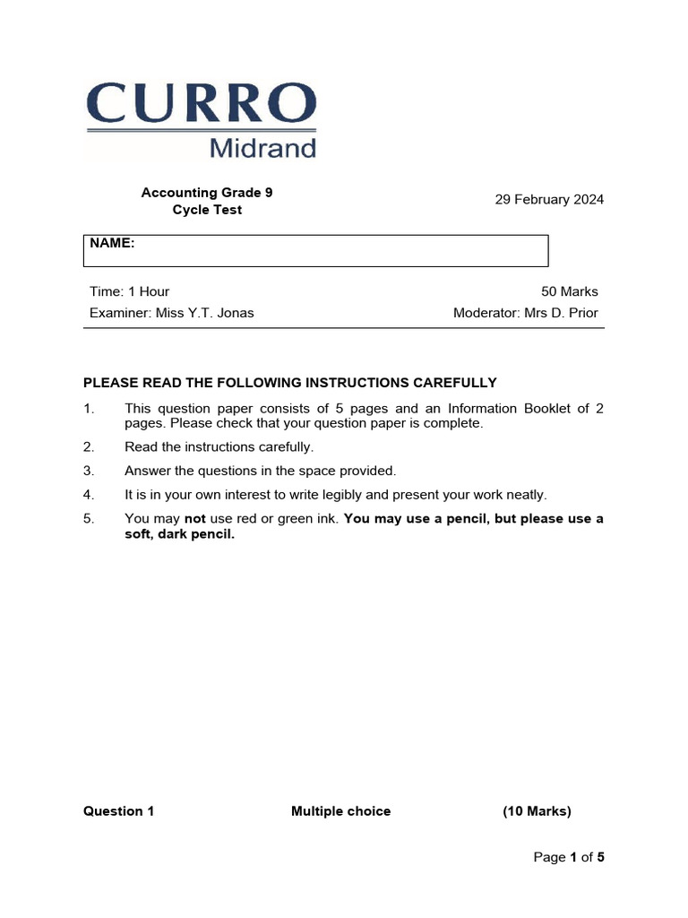 Accounting Grade 9 Term 1 Cycle Test 2024 - MG | Download Free PDF ...