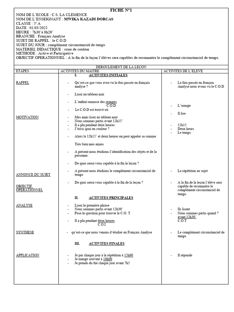 Fiches de préparation pédagogique RDC | PDF | Linguistique