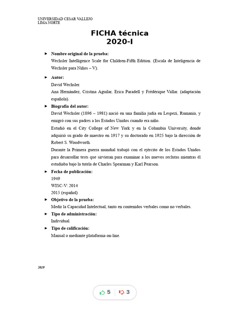 p03 03 Ficha Tecnica Wisc V - Compress | PDF | Cognición | Ciencia cognitiva