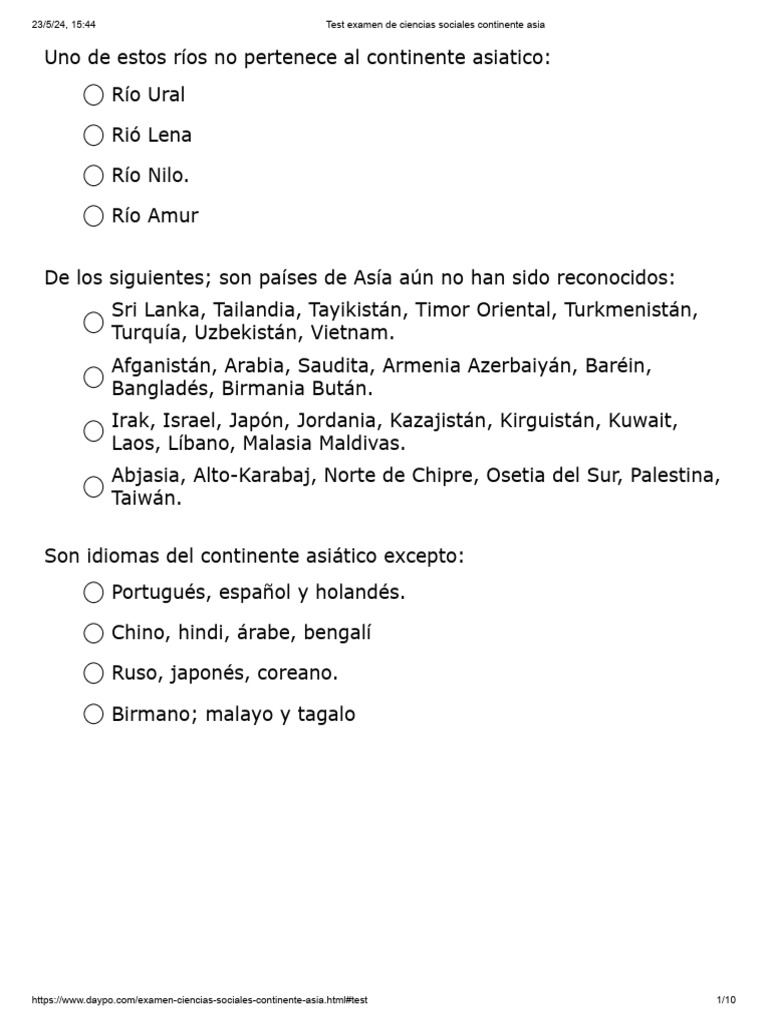 Test Examen de Ciencias Sociales Continente Asia | PDF | Asia ...