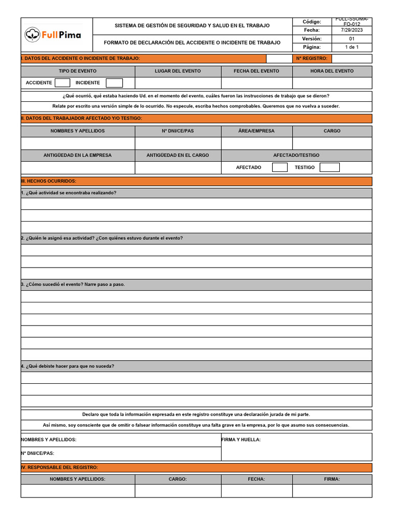 FULL-SSOMA-FO-12 - Formato de Declaración Del Accidente o Incidente de Trabajo | Descargar ...