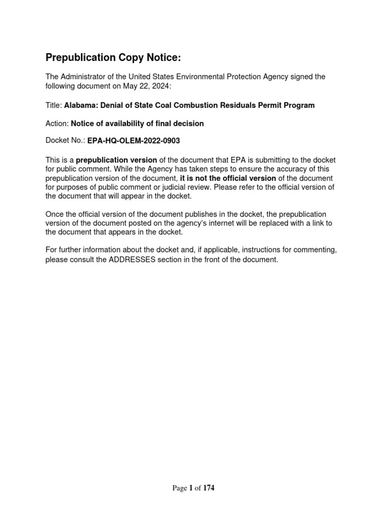 Prepublication Alabama CCR Permit Program Final Denial Notice | PDF ...