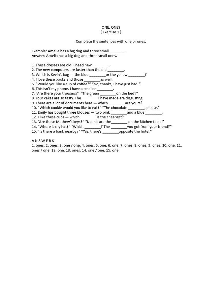 One and Ones Exercises Worksheet | PDF | Language Arts & Discipline ...