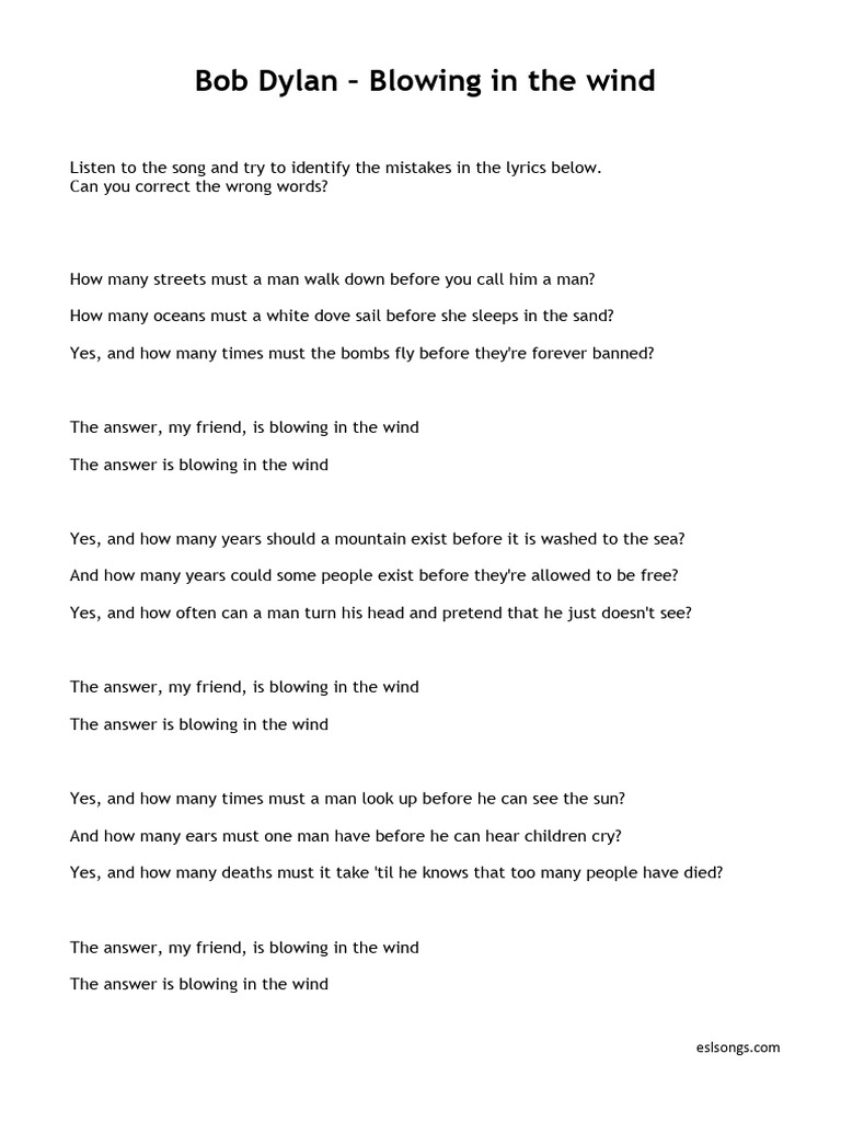 Bob Dylan Blowing in The Wind | PDF | Language Arts & Discipline | Poetry
