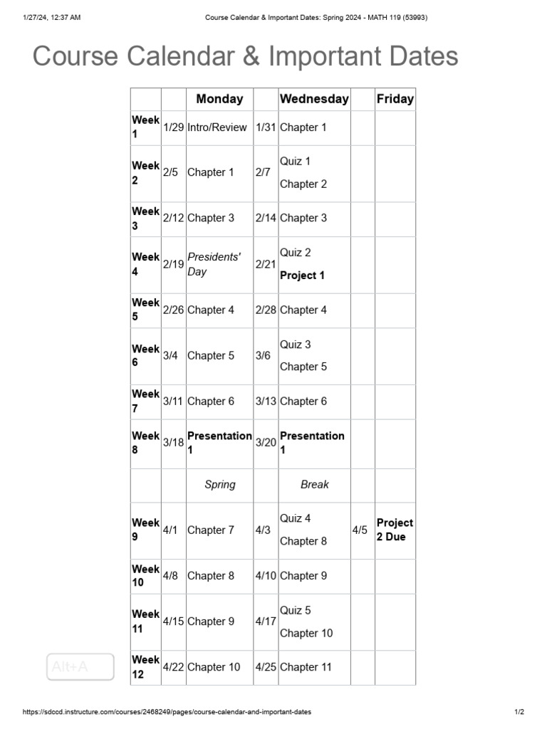 Course Calendar & Important Dates - Spring 2024 - MATH 119 (53993 ...