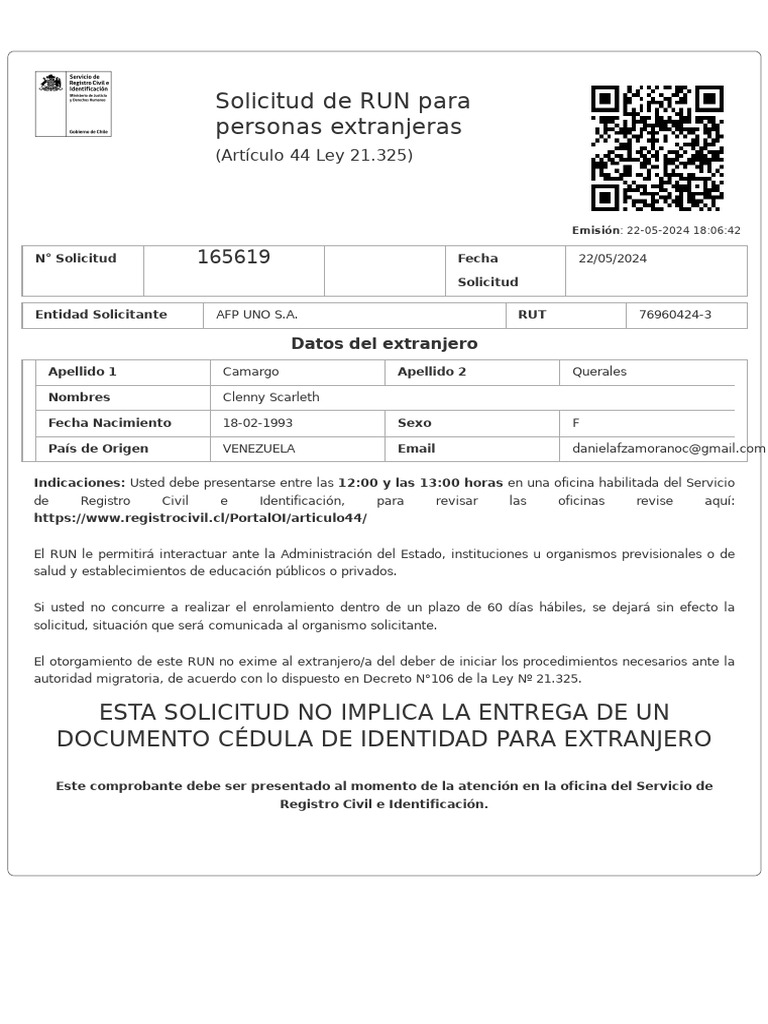 Solicitud de RUN para Personas Extranjeras | Descargar gratis PDF | Documento de identidad ...