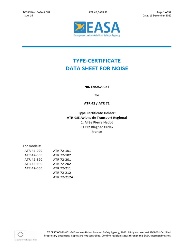 ATR 42/72 Noise Type Certificate Data | PDF | Transport | Aircraft