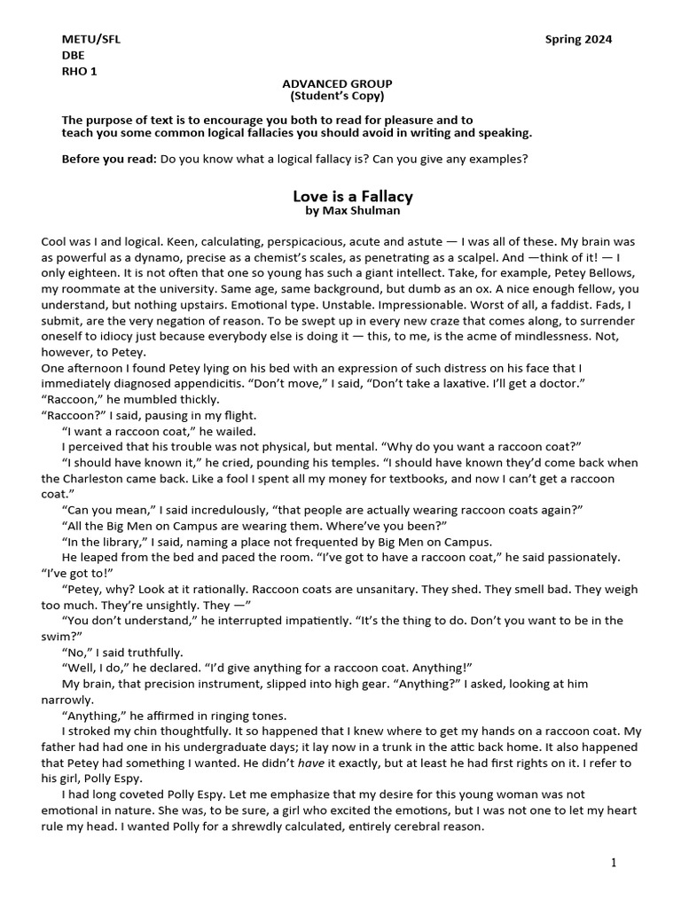 RHO 1 SS (Love Is A Fallacy) | PDF | Argument | Fallacy