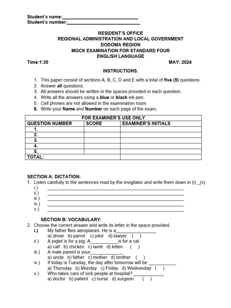 Standard Four English Mock Exam 2024 | PDF | Language Arts & Discipline