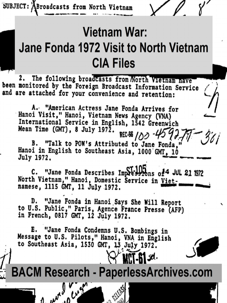 Vietnam War Jane Fonda 1972 Visit To North Vietnam CIA, DIA, FBI, FBIS ...