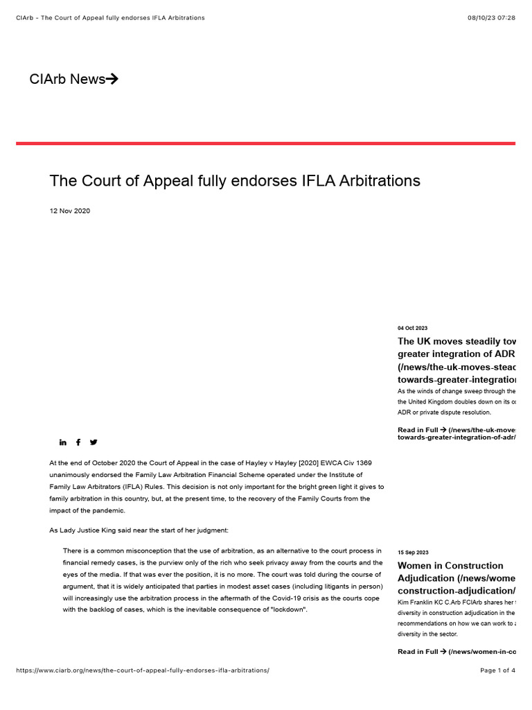 CIArb - The Court of Appeal Fully Endorses IFLA Arbitrations | PDF | Arbitration | Judge