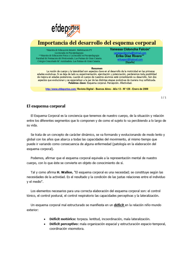 Importancia Del Desarrollo Del Esquema Corporal | PDF | Sicología | Ciencias del comportamiento