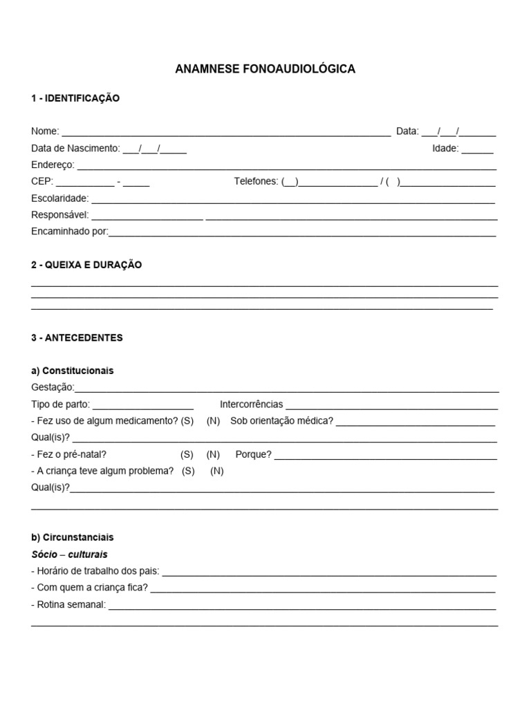 Modelo de Anamnese Fonoaudiológica | PDF | Medicina Clínica | Especialidades médicas