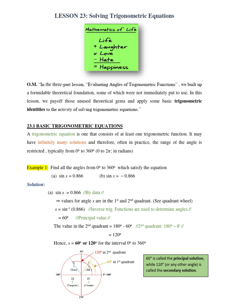 AddMathLesson (5th Form Term 1, Lesson 23 - Solving Trigonometric Equations) | PDF ...
