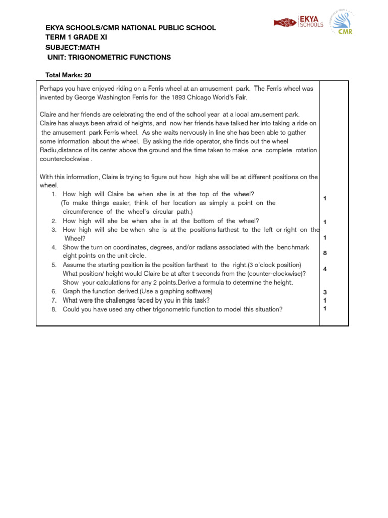 Grade XI Trigonometric Functions Authentic Task | PDF