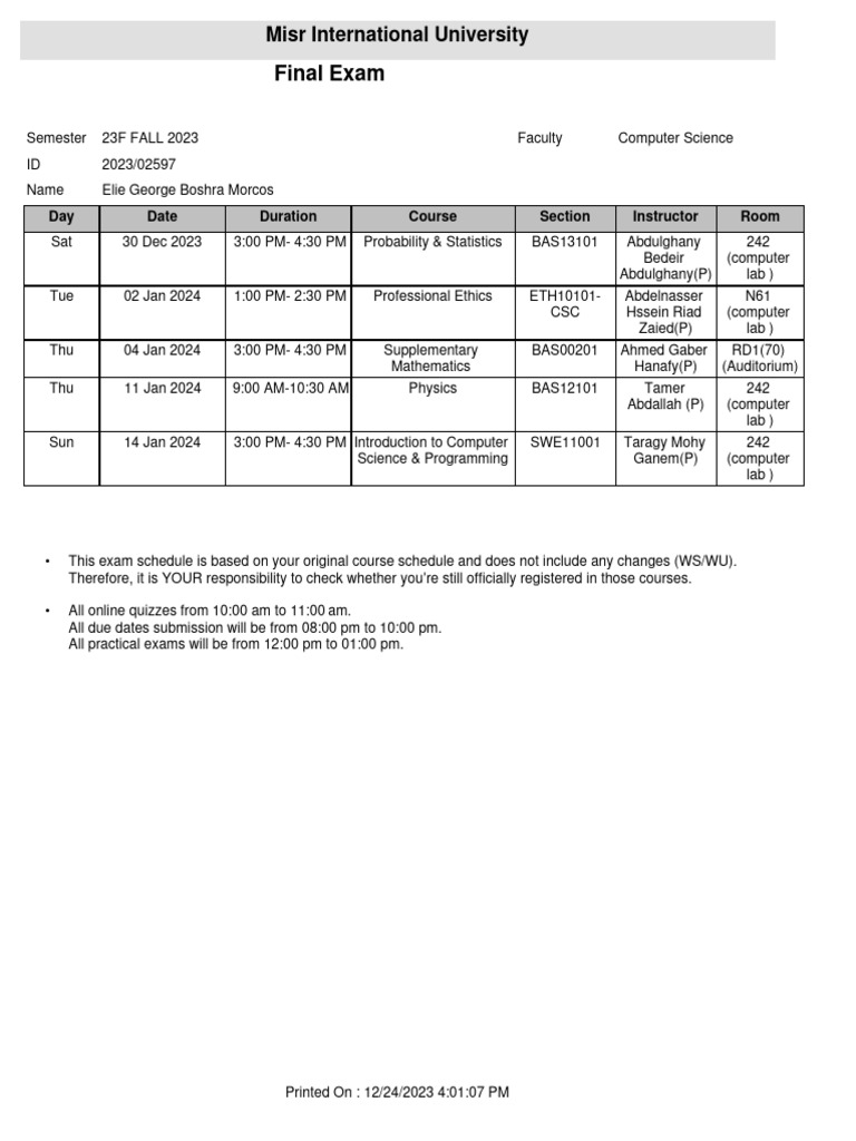 Student Final Exam Schedule | PDF | Science