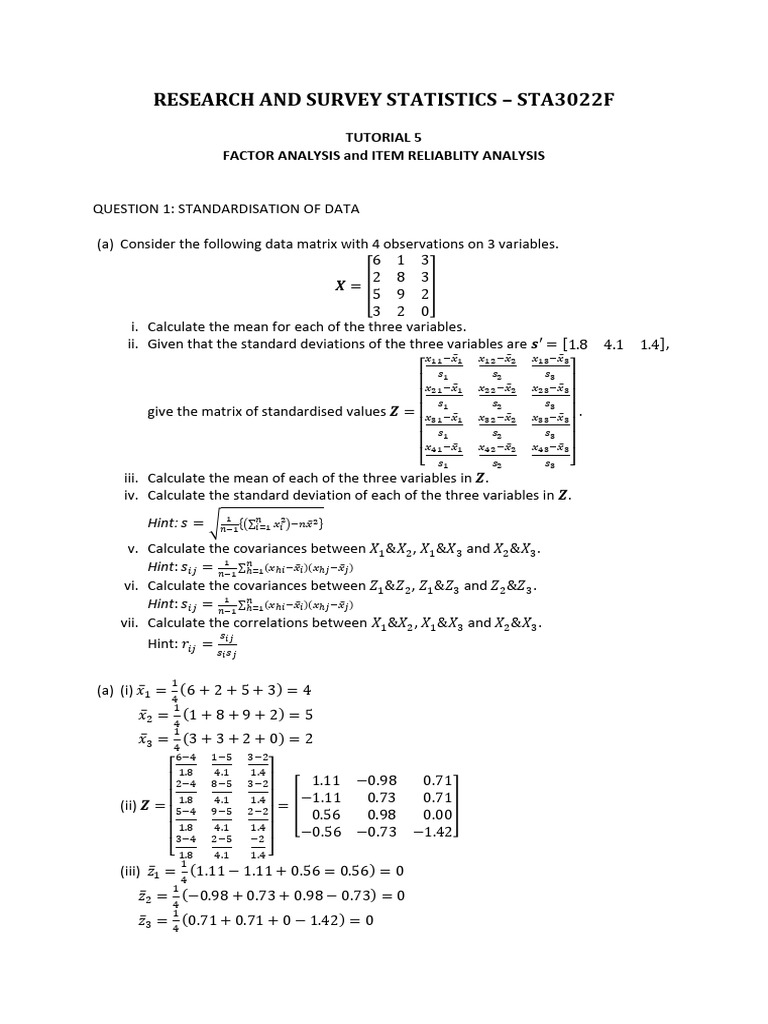 STA3022 Tut 5 Item Reliability Analysis Solutions | PDF | Covariance | Internal Consistency