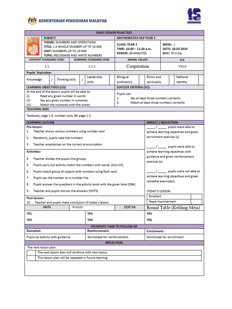 MT DLP Y3 TS25 (Topic 1) | PDF | Lesson Plan | Teachers