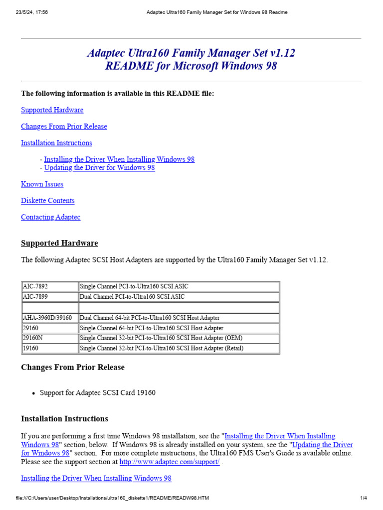Adaptec Ultra160 Driver Guide Win98 | PDF | Booting | Microsoft Windows