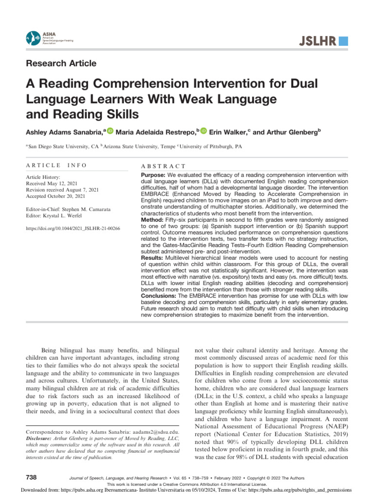 Sanabria Et Al 2022 A Reading Comprehension Intervention For Dual Language Learners With Weak ...