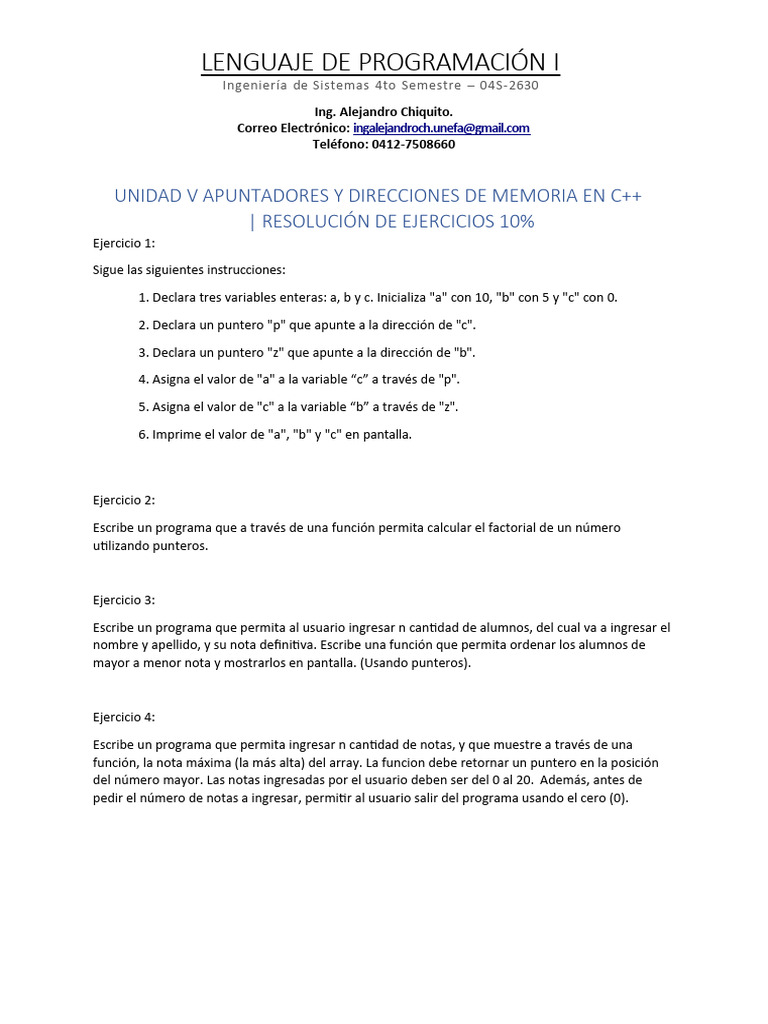 Resolución de Ejercicios - Unidad V | PDF | Puntero (Programación de computadora) | Programa de ...