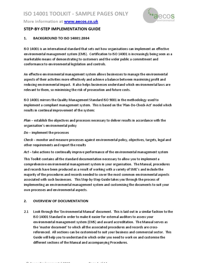 Iso 14001 Toolkit - Sample Pages Only: Step-By-Step Implementation ...