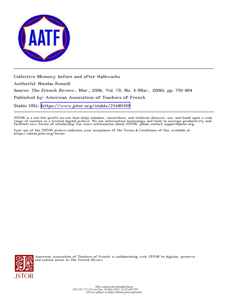 Halbwachs and Collective Memory Evolution | PDF | Memory | Experience