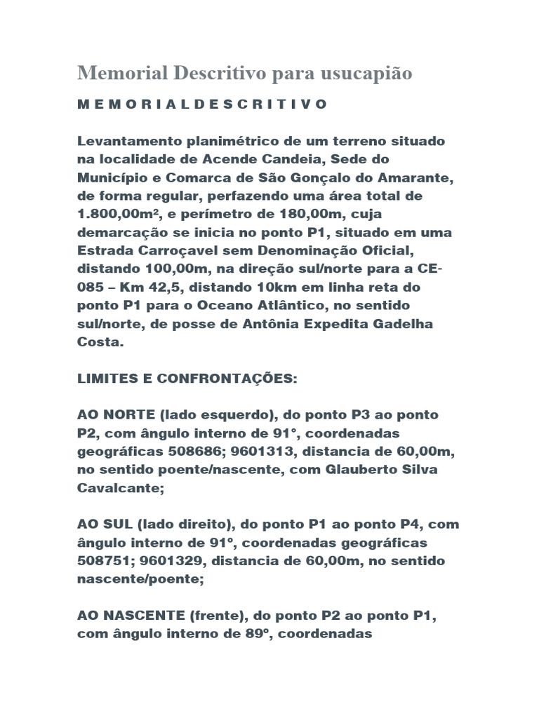 Modelo Memorial Descritivo - Usucapião | PDF