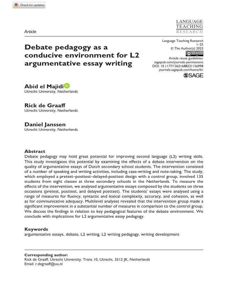 Majidi Et Al 2023 Debate Pedagogy As A Conducive Environment For l2 Argumentative Essay Writing ...