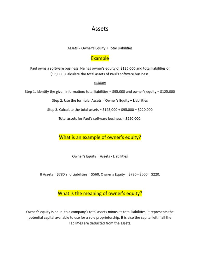 Assets Liability +owner's Equity | PDF | Equity (Finance) | Balance Sheet
